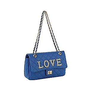 Quilted Crossbody Bags for Women, Bling Letter, Multi Color, Classic Flap (Blue_Love)