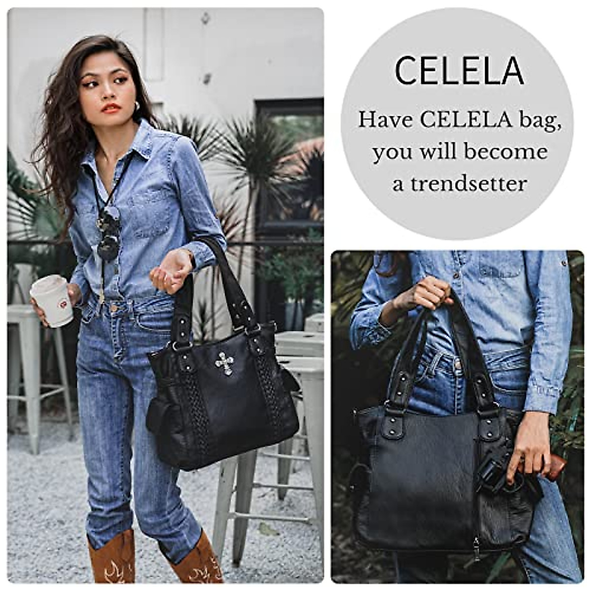 CELELA Conceal Carry Purses for Women Large Tote and Shoulder Bag with Cross Western Style Handbags Washed Leather Bag