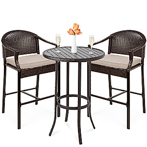 Best Choice Products 3-Piece Patio Bar Table Set, Outdoor Wicker Bar Height Bistro Furniture for Backyard, Poolside, Balcony w/Barstools, Cushions, Steel Frame – Brown/Beige