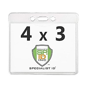 Bulk 100 Pack - 4x3 Name Badge Holder with Lanyard - Clear Plastic Horizontal 4 x 3 Event Card Protector, Trade Show Ticket, Conference Nametag Holder by Specialist ID