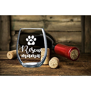 Rescue Mama 15oz Stemless Crystal Wine Glass - Unique Birthday Gift For Dog Mom, Dog Dad, Animal Rescue Fur Mama Vet Dog Cat Lover Gifts For Men or Women Cute Paw Gag Novelty Gift - CBT Wine Glasses