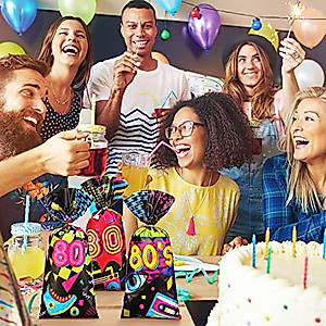 Hotop 100 Pcs 1980s Party Cellophane Bags 80s Gift Treat Bag Goodie Candy with 150 Ties Back to the I Love Retro Themed for Hip Hop Throwback Birthday Decorations Supplies