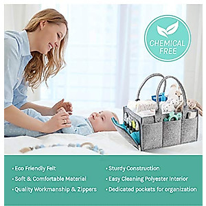 Premium Baby Diaper Caddy Organizer | Portable Nursery Storage Bin | Planner Caddy | Portable Craft Storage Organizer | Car Seat Tote with Zipper Pocket & 5mm Heavy Duty Felt (Grey/Turquoise)