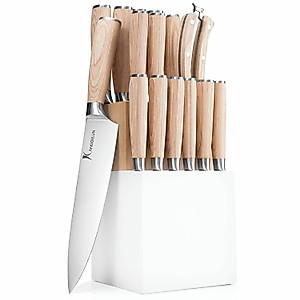 Kangdelun 15-Piece Wood Handle Block Knife Set, Ultra Sharp High Carbon Stainless Steel