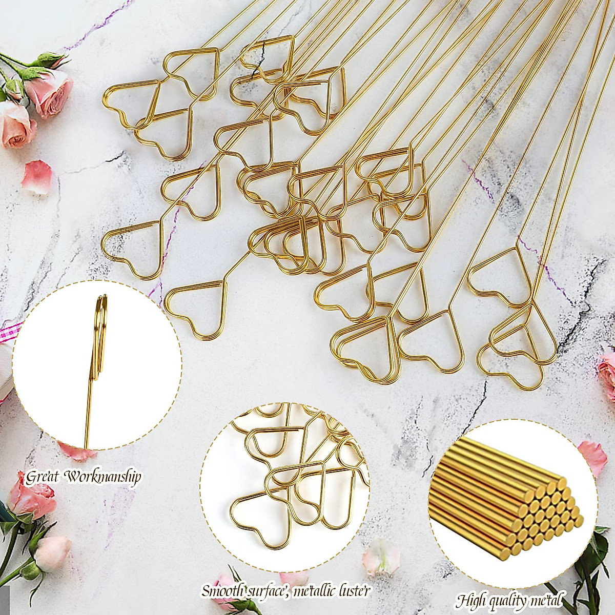 CCINEE 30Pcs Metal Wire Floral Place Card Holder Pick 13In Heart Golden Floral Picks Photo Memo Car Holder for Wedding Birthday Party Supply