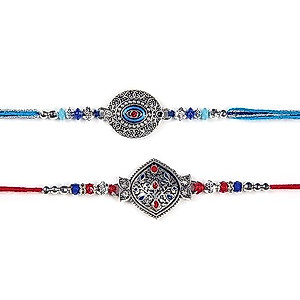 ARTISENIA Designer Rakhi Set of 2 Rakhi for Brother with Raksha Bandhan Greeting Card | Roli Chawal Tika - Raksha Bandhan Kundan Rakhi for Brother | Rakhi for Bhaiya | Rakhi Thread RNJ007