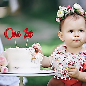 Gyufise 24Pcs 1st Birthday Cupcake Toppers Glitter First Birthday One Cupcake Picks for Baby Shower 1st Birthday Party Cake Decorations Supplies Red