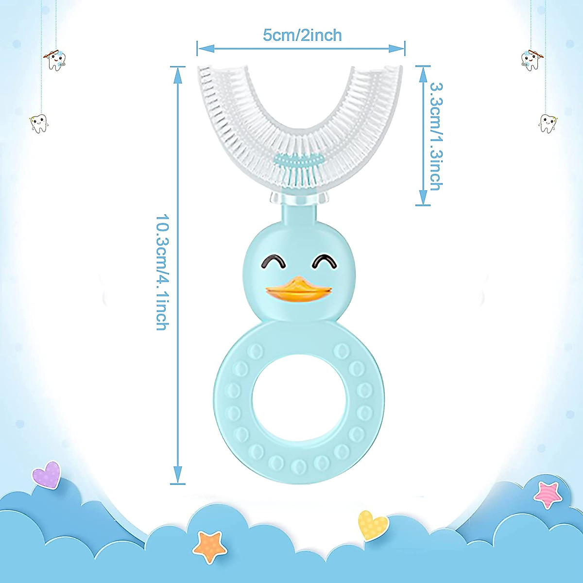 Whaline 4 Pack Kids U-Shaped Toothbrush Little Duck Manual Training Yellow White Pink Blue Tooth Brush Multicolor Silicone Whitening Massage Toothbrush Whole Mouth Toothbrush for Kids 2-6 Years