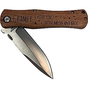 Grampy - I Love You to The Moon and Back Stainless Steel Folding Pocket Knife with Clip, Wood
