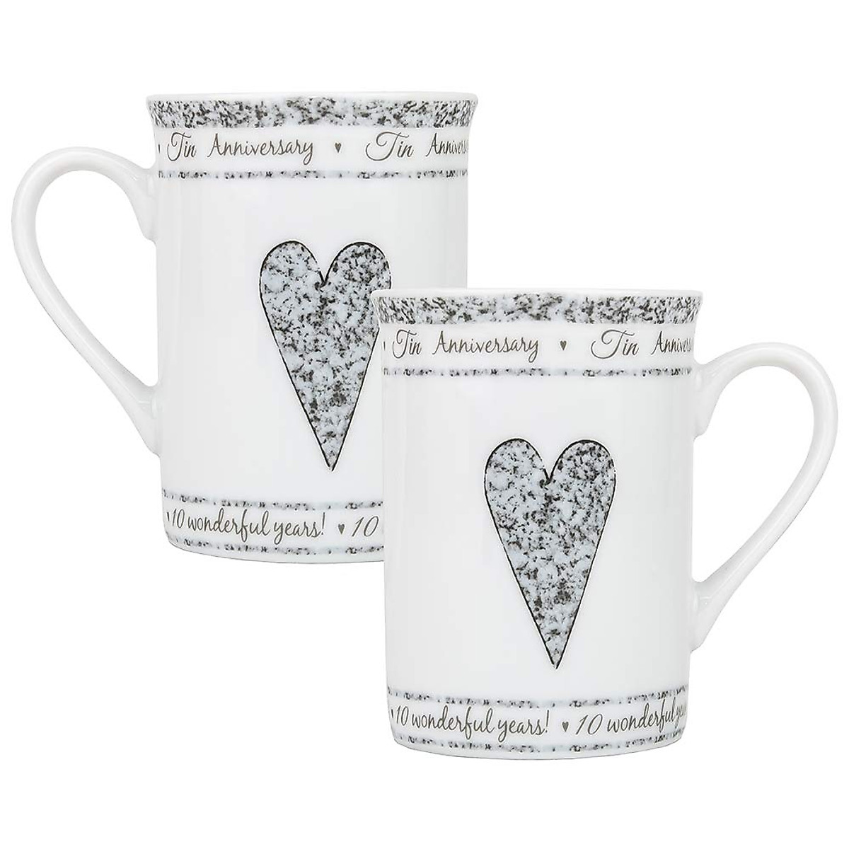 Beautifully Designed 10th Tin Wedding Anniversary Set of Ceramic Mugs with Hearts | Dishwasher and Microwave Safe with Decorative Keepsake Box