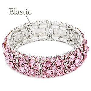 Lavencious Round Shape Rhinestones Elastic Stretch Bracelet Party Jewelry for Women 7"(Silver Pink)