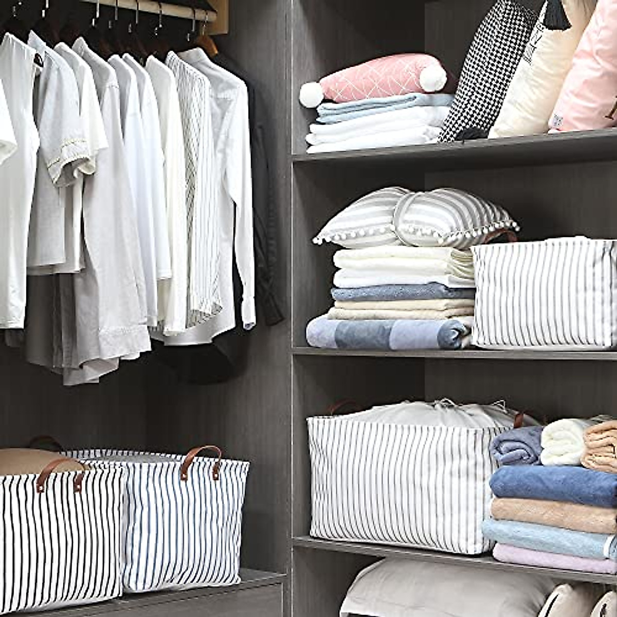 Hinwo 70L Extra Large Capacity Storage Basket Canvas Storage Bin Collapsible Storage Box with PU Leather Handles and Drawstring Closure, 22 by 15 inches, Waterproof Inner Layer, Grey Vertical Stripe