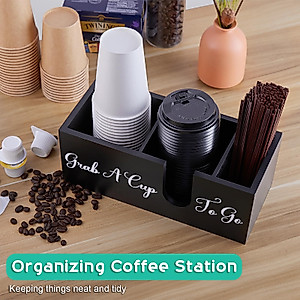 ALELION Coffee Cup Holder for Countertop - Wood Coffee Bar Accessories and Organizer - Coffee Station Organizer for Cup Lid Stirrers Pod - Black Farmhouse Coffee Bar Table Decor