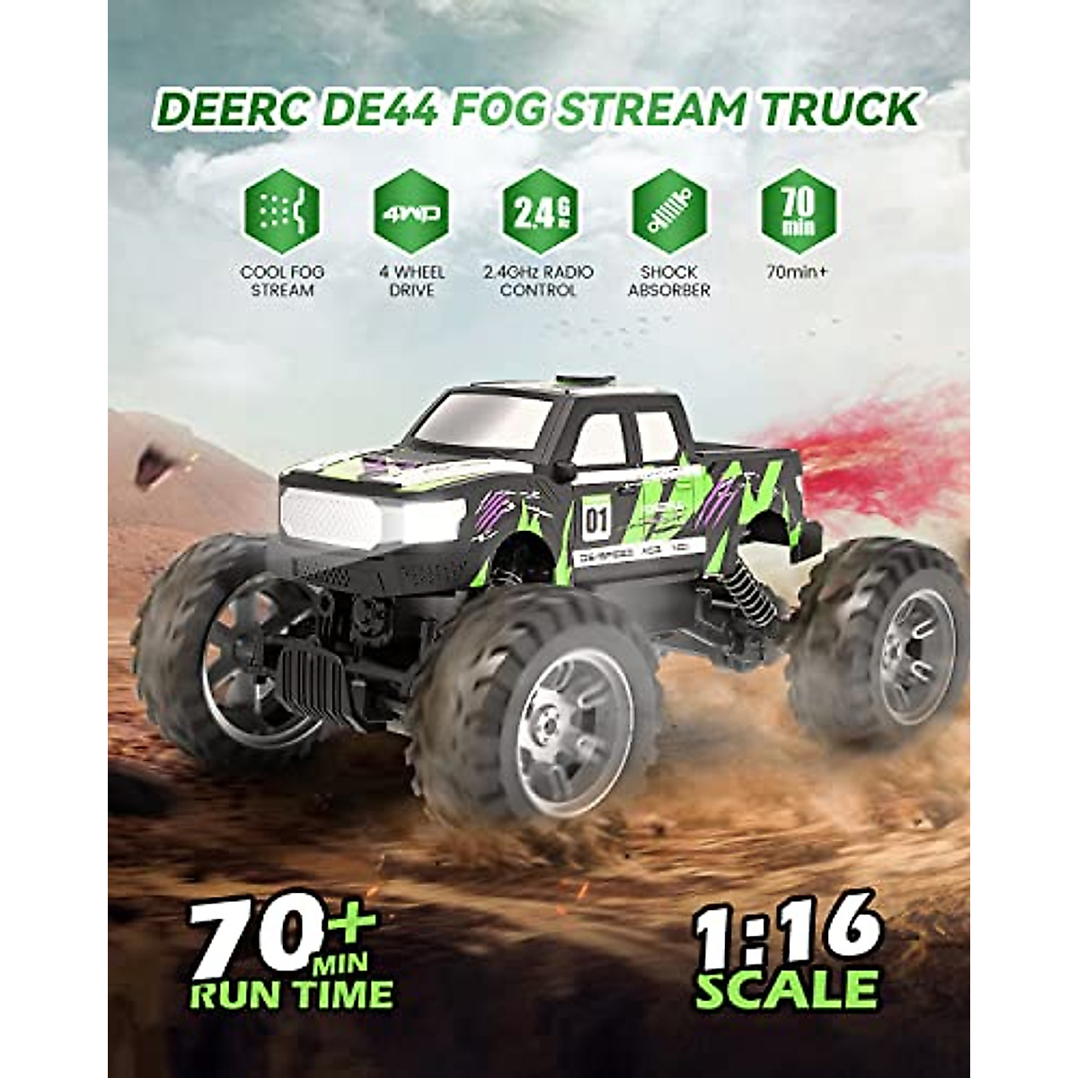 DEERC DE44 Remote Control Monster Truck with Fog Mist, Dual Motors Off Road RC Car, 4WD Rock Crawler with LED Lights, Spray Water Mist, 70+ Min Play, Toy Vehicle for Boys Girls and Adults