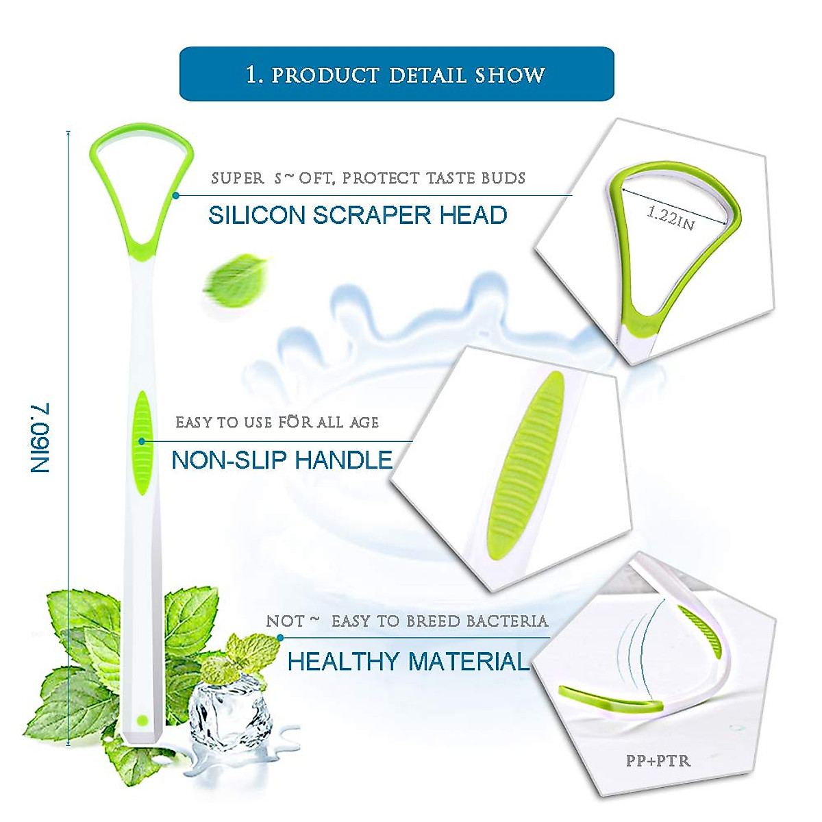 3PCS Tongue Cleaner, Soft Tongue Scraper, Oral Care Cleaners, Dental Scrapers Kits, Professional Eliminate Bad Breath, Premium Cleaning Tools (2Green+1Blue)