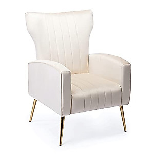 KCC Velvet Accent Living Room Chairs Set of 2, Mid Century Armchair with High Back for Bedroom, Upholstered Single Sofa with Golden Metal Legs,Cream