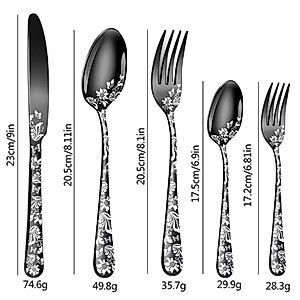 XIAOYU 5 Pieces Silverware Set, Black Flatware Set, Stainless Steel Mirror Polished Cutlery Set, Spoons Forks Knives Set with Unique Floral Laser, Black