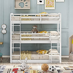 Lifeand Twin Over Twin Over Twin Triple Bunk Bed with 2 Built-in Ladders,Wooden Floor Bunk Bedframe with Safety Guardrail & Ladder for 3 Kids Teens,White
