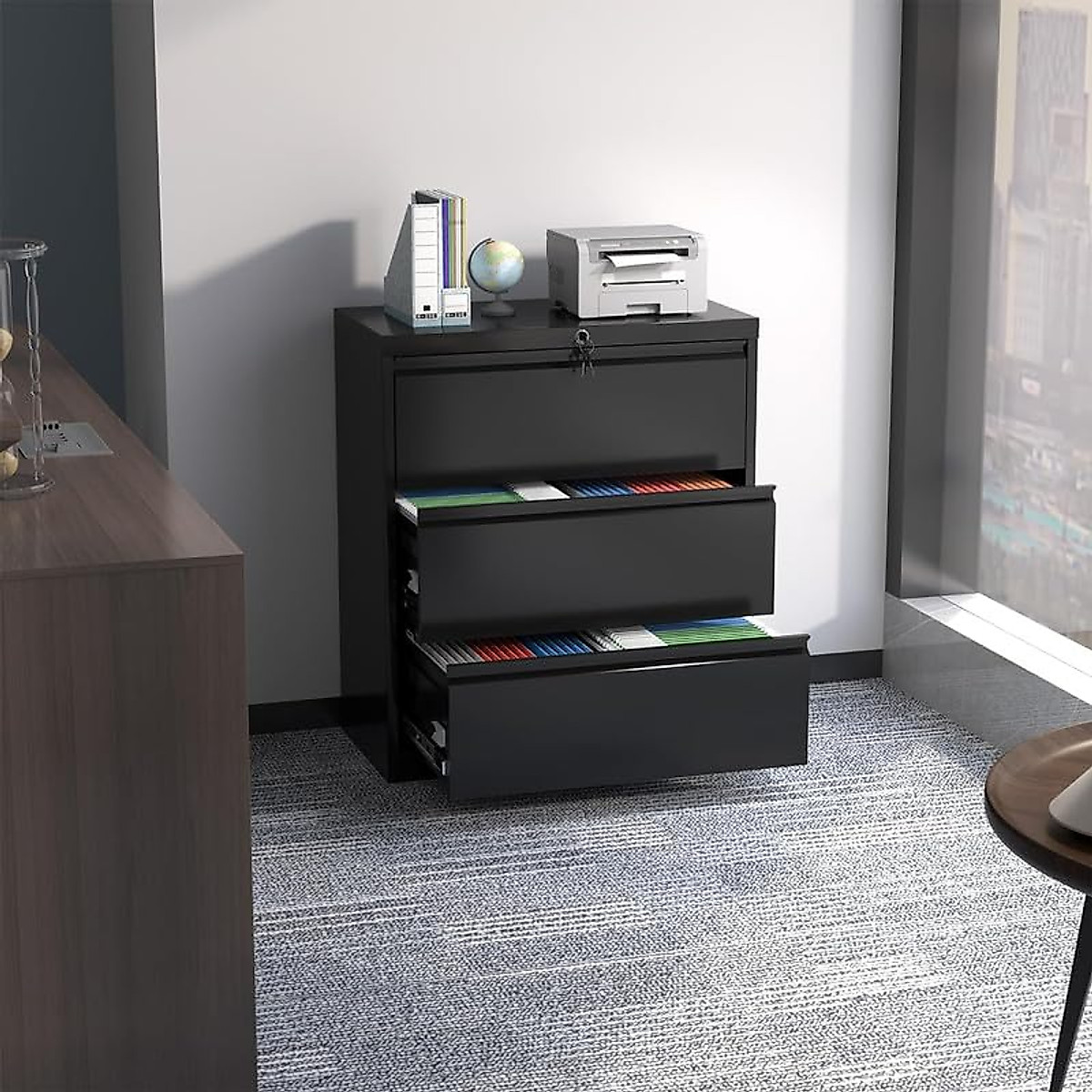 AOBABO 3 Drawer Lateral Steel File Organizing Cabinet with Locking System and Adjustbale Hanging Bars for Letter/Legal Size Paper, Black