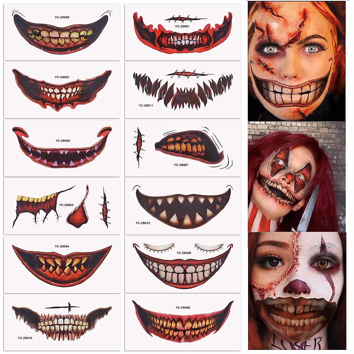12 Sheets Halloween Prank Makeup Temporary Tattoo Clown Tattoo Stickers Halloween Joker Tattoos Clown Horror Big Mouth Tattoo Stickers for Kids Adult Halloween Cosplay Party Decorations
