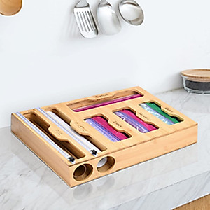 Bamboo Ziplock Bag Organizer - Foil and Plastic Wrap organizer with cutter - Holds up to 12” rolls - Baggie Organizer for Gallon, Quart, Sandwich, Snack Bags - Kitchen Organization - Drawer organizer