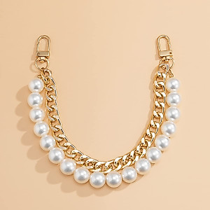 Wiwpar Handbag Imitation Pearl Chunky Chain Short Handle Replacement Chain Accessories Purse Straps Shoulder Pearl Metal Chain Gold
