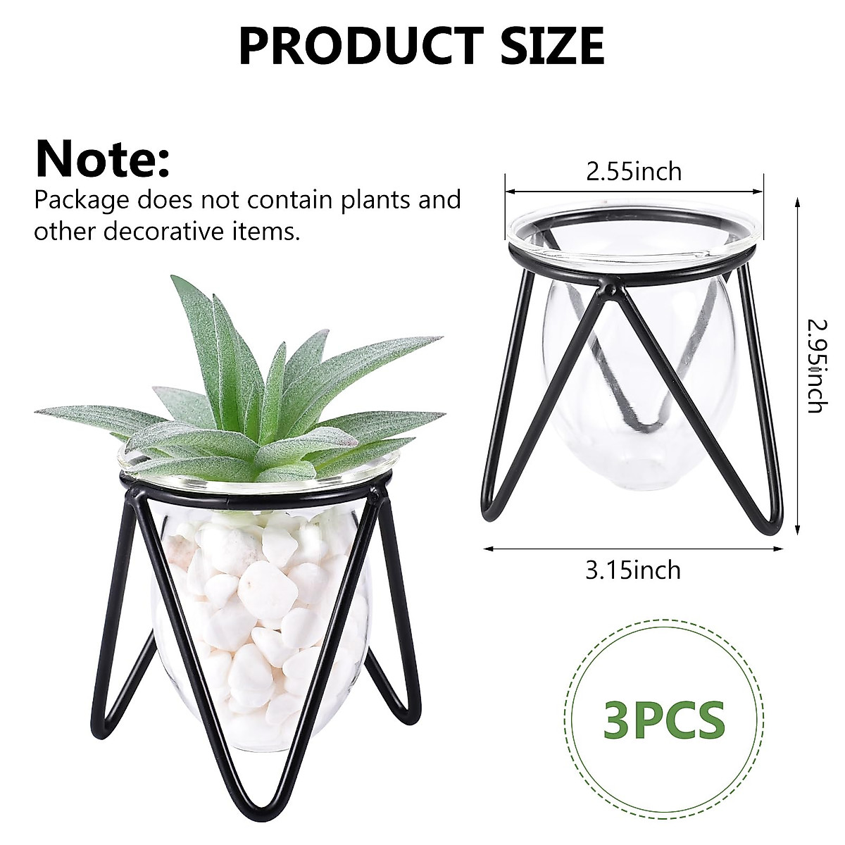 Jspupifip 3 Pcs Glass Plant Terrarium with Metal Stand, Air Plants Holders Hydroponic Plant Vases Desktop Bulb Glass Vase for Indoor Plants Home Garden Office Decoration, Black