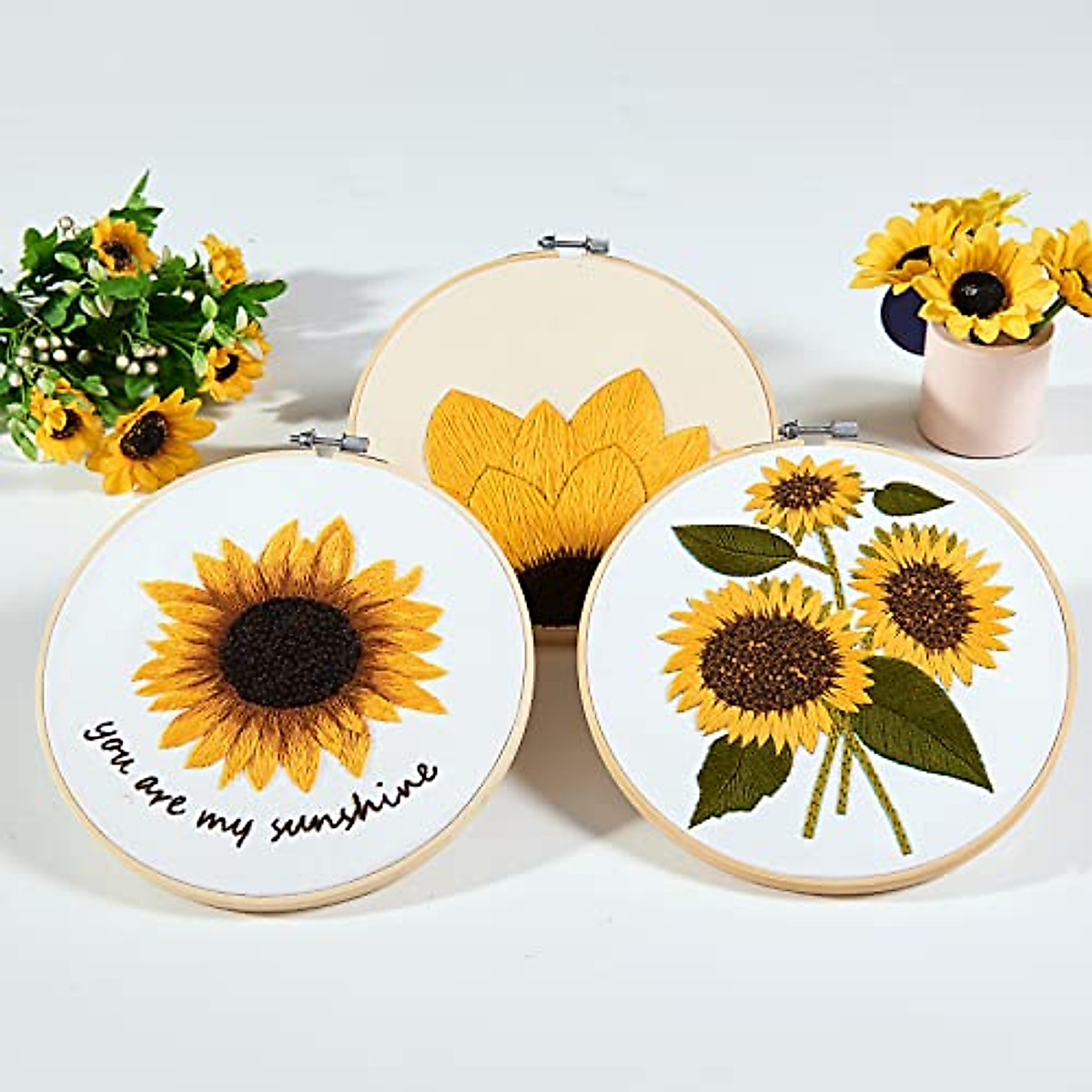 Armindou 3 Sets Embroidery Starter Kits with Sunflower Pattern for Adults Beginners, Floral Stamped Cross Stitch Kit Hand DIY Needlepoint Kit, 3 Embroidery Hoops, 3 Embroidery Fabric, Needles, Threads