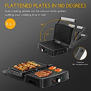 Aigostar Electric Panini Press, 1500W Stainless Steel Sandwich Maker with Adjustable Temperature Setting, Opens 180 Degree Indoor Grill with Non-stick Plates, Removable Drip Tray and Indicator Lights