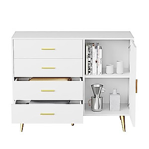 LYNSOM White Storage Cabinet with 4 Drawers, Free Standing Sideboard Cabinet with Door and Shelf, Printer Stand for Home Office, Accent Cabinet for Living Room, Bedroom, Entryway, Hallway