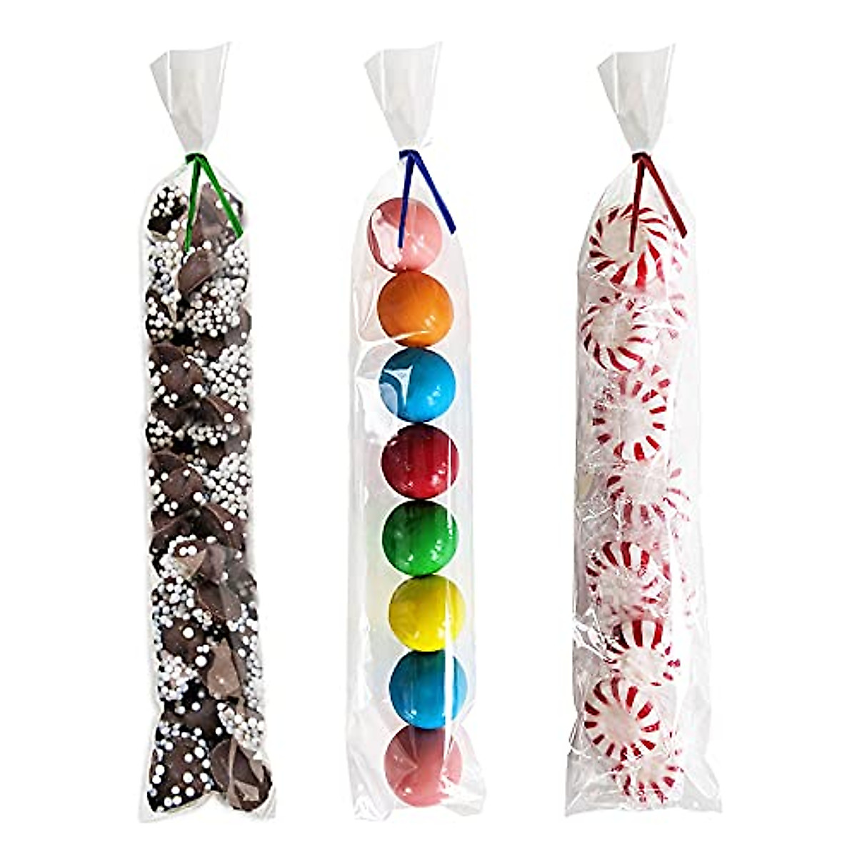 Purple Q Crafts Clear Plastic Cellophane Bags with 4" Colored Twist Ties for Gifts Party Favors (2"x10" 100 Pack)