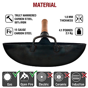 YOSUKATA Blue Carbon Steel Round Bottom Wok Pan 14" + 17’’ Wok Spatula and Ladle - Set of 2 Heat-Resistant Wok Tools - Woks and Stir Fry Pans