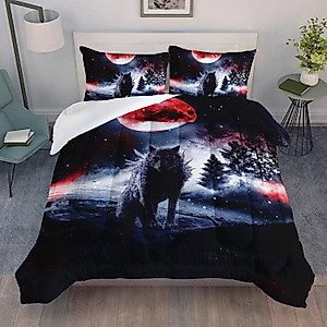 AILONEN Outdoors Wolf Comforter Set Full Size, Evening Snowfield Red Moon Wolf Bedding Set,Wild Aminal 3D Print Duvet Set 3 Pieces, 1 Quilt + 2 Pillowcases