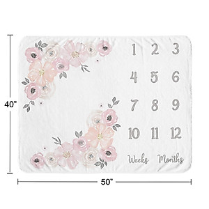 Sweet Jojo Designs Watercolor Floral Girl Milestone Blanket Monthly Newborn First Year Growth Mat Baby Shower Memory Keepsake Gift Picture - Blush Pink, Grey and White Boho Shabby Chic Rose Flower