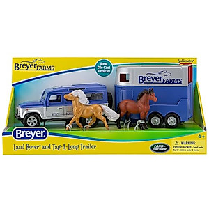 Breyer Horses Farms Land Rover and Tag-a-Long Trailer and Playset | Die Cast | 3.25” H x 10.5” L x 2.5” D | 2 Stablemates Horses Included | 1:32 Scale | Model #59216, Multi