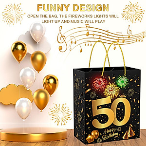 VANSHINIEER 50th Birthday Gift Bag with Fireworks Light and Music, Large Size Black Gold Gift Wrap Bag with Handles for 50th Birthday Party Decorations Supplies