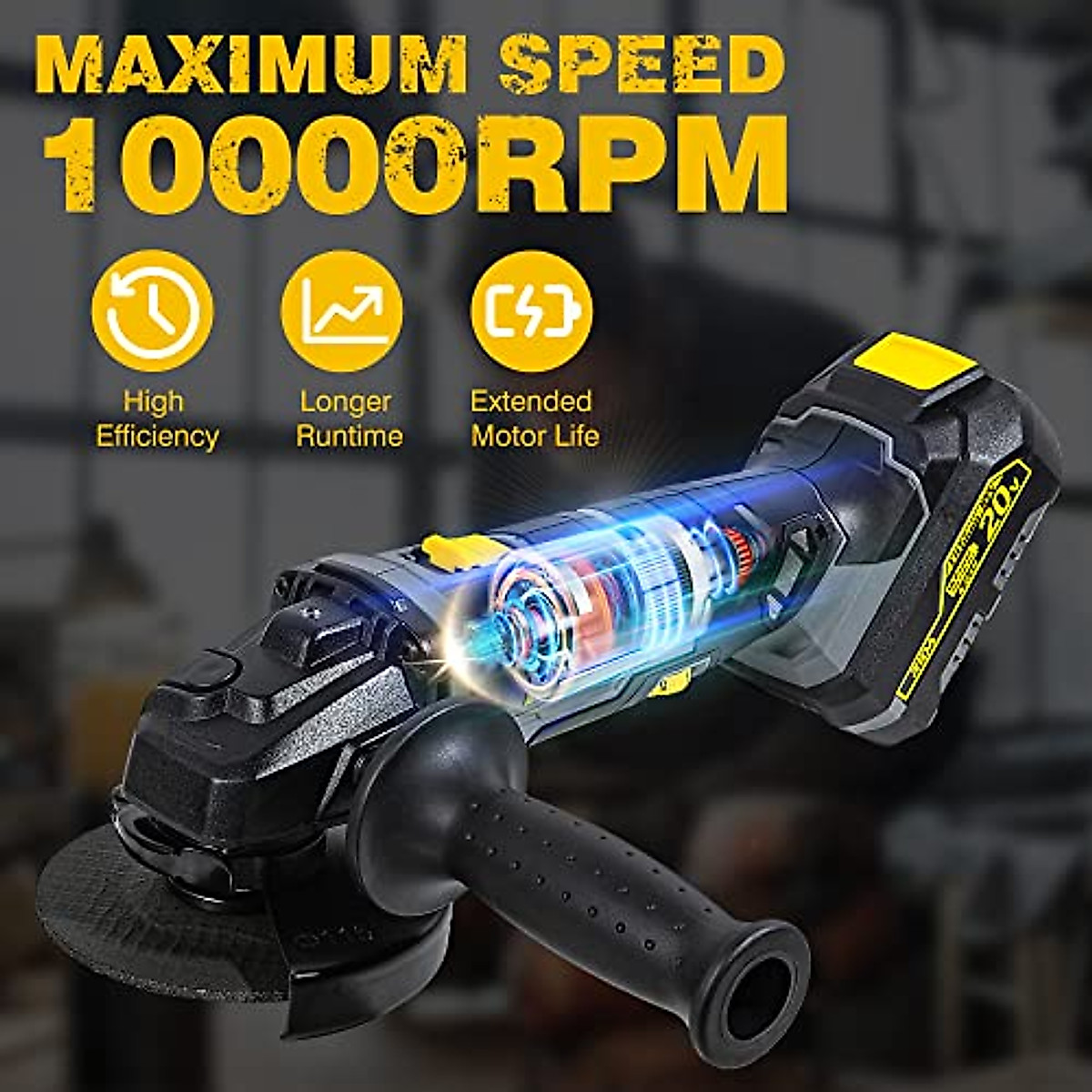 RIDA Cordless Angle Grinder Kit 20V 4 1/2 Inch 10000RPM 6 Speed Options 4.0Ah Battery & Fast Charger, Adjustable Handle Grinder for Cutting and Grinding Stone and Metal with 22Pcs Accessories