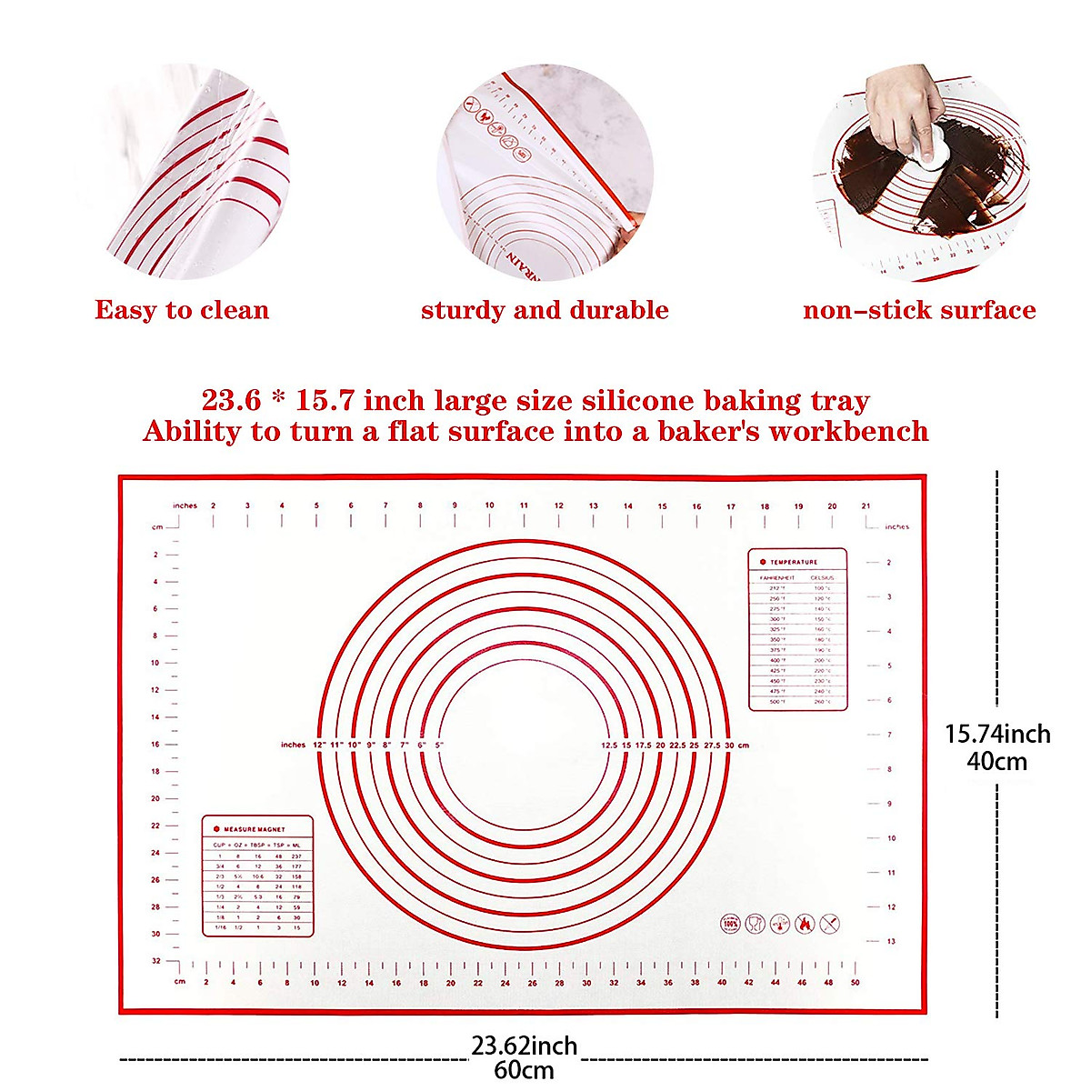 AITAOGO Silicone Pastry Mat, Non Stick Silicone Mat, Upgrade with Measurement Nonslip Baking Mat, Used for Rolling Dough, Pie Crust and Pizza, Durable Easy Clean Pastry Mat (red)