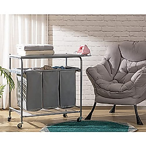 HollyHOME Laundry Sorter Cart with Iron Rack And Ironing Board Heavy Duty Side pull 3 Bags Classic Rolling Laundry Hamper Sorter 4 Wheels Grey