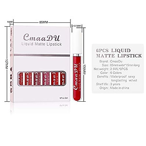 6Pcs Matte liquid lipstick Set,Dark Red Matte Lipstick Lip Stain Long Lasting 24 Waterproof Lip Gloss Gift Set ,Lipstick Sets for Women Lippies Lip Matte Makeup Lipgloss Beauty Cosmetics (Color-04)