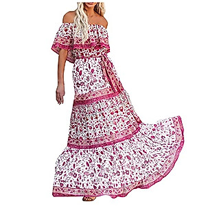 Beach Wedding Guest Dresses for Women Bohemian Maxi Long Dresses Trendy 2023 Elegant Off Shoulder Dress Summer Floral Print Flowy Ruffle Sundress Girls