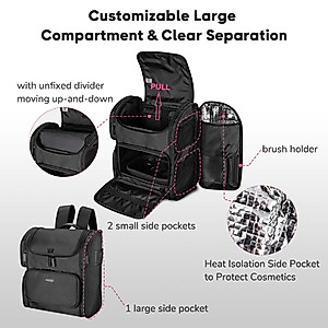 BYOOTIQUE Makeup Backpack Soft Sided Makeup Train Case Barber Cosmetic Bag Double Layer Organize Carry on Travel with Heat Isolation Side Pocket Removable Bag for Makeup Artist Hairstylist, Black