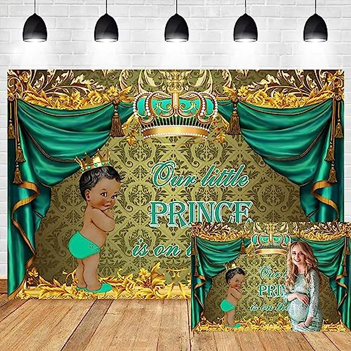Renaiss 5x3ft Prince Baby Shower Backdrop Royal Green Curtain Gold Crown Photography Background Our Litlle Prince is on The Way Banner Newborn Boy Gender Reveal Party Decor Photo Studio Booth Props