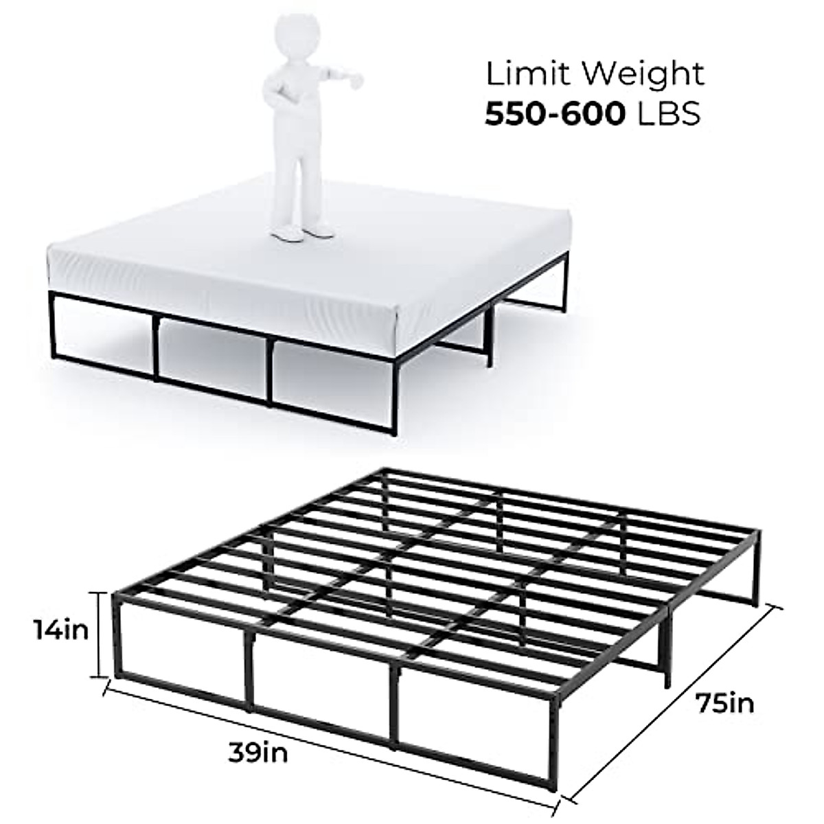 REGOSS Twin Metal Bed Frame, 14 Inch Heavy-Duty Metal Platform Bed Frame with Storage and Anti-Slip Strap, Noise Free Bed Frame Features Sturdy Metal Slats, No Box Spring Needed, Easy Assembly