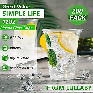 Lullaby 200 Pack Disposable Clear Solo Cups, 12oz Crystal Clear Plastic Cups Bulk, PET Drinking Cup for Water, Juice, Soda, Ice Coffee, Ideal for Party, Wedding and Daily Use