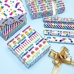 THMORT Birthday Wrapping Paper Roll with a Cutter Kit for Boys&Girls,Adults,Kids Princess Pink Barbies 17 Inch X 120 Inch Colorful Foil Gift Wrapping Paper Rainbow Baby Shower