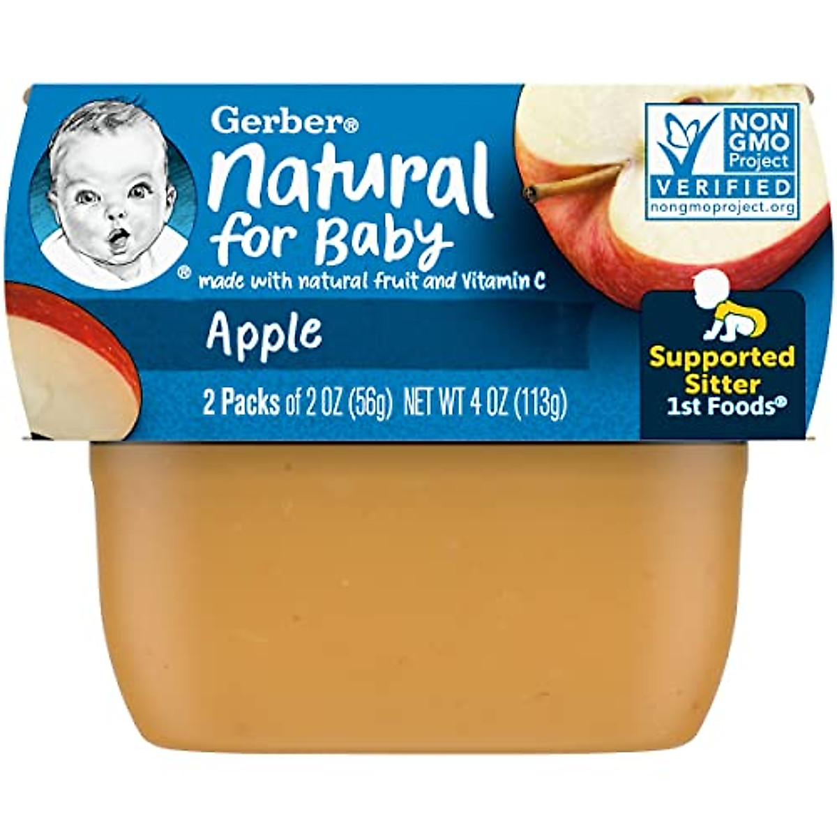 Gerber Natural for Baby 1st Foods Baby Food Tubs, Apple, Made with Natural Fruit & Vitamin C, Non-GMO Pureed Baby Food, 2 - 2 Ounce Tubs/Pack (Pack of 8)