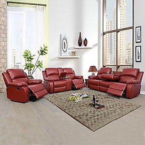 Ocstta Manual Leather Recliner Sofa Set for Living Room Furniture Set,Leather Recliner Couch Set for Home/Office,Leather Reclining Sofa Set for 3-Pieces(Sofa+Loveseat+Chair) Red