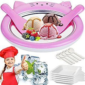 Instant Ice Cream Maker for Rolled Ice Cream Maker Machine with 2 Shovels 5 Plates and 5 Spoons,Frozen Yogurt Ice Cream Machine,Homemade Rolled Ice Cream(Round Pink)