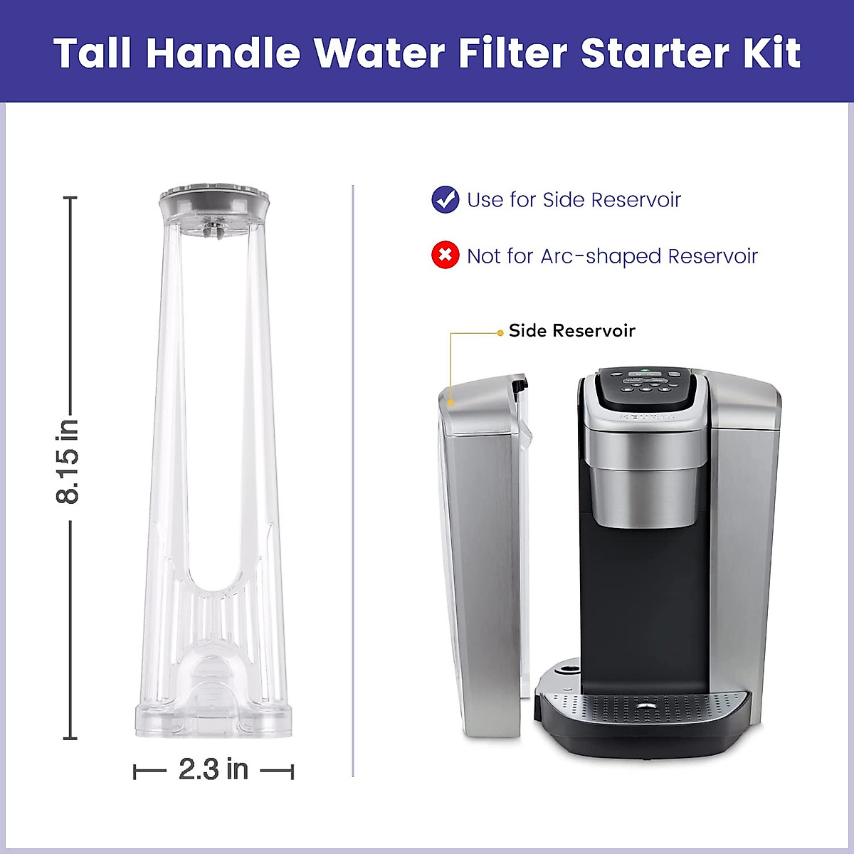 K2.0 Tall Handle Water Filter Replacement Starter Kit for Keurig 2.0 with 2 Charcoal Water Filter Cartridges, 1 Reusable K Cup - 8.15inch